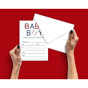 Paper Clever Party Baseball Baby Shower Invitation Bundle with Blank Invites with Envelopes for Boys Diaper Raffle Insert Bring a Book Cards Set (25 of each) Sports Theme Red and Blue Gender Reveal