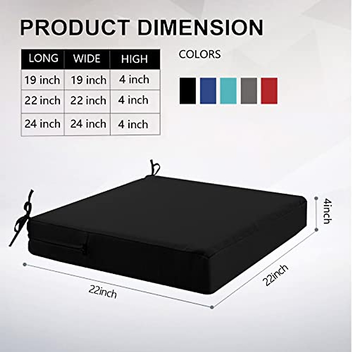 idee-home Patio Chair Cushion for Outdoor Furniture 22x22x4 in, Outdoor Seat Cushion Replacement Patio Seat Cushions Chair Pad with Ties, Outdoor Chair Cushion Set of 2 Waterproof Swing Cushion