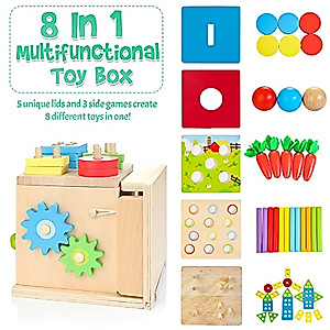Kizfarm Wooden Montessori Baby Toys, 8-in-1 Wooden Play Kit Includes Object Permanent Box, Coin Box, Carrot Harvest, Shape Sorting & Stacking - Christmas Birthday Gift for Boys Girls Toddlers