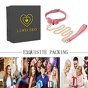 LEWECEEO PU Leather Kitty Bell Collar Choker Cosplay Bowknot Collar Choker with Golden Chain Leash for Women Girls (Pink)