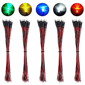 100Pcs 3mm LED Lights Emitting Diodes Pre Wired DC 12V 5 Colors LED Ultra Bright Light Emitting Diodes Clear Lens Assorted Color Kit White Red Yellow Green Blue Small LED Lamps