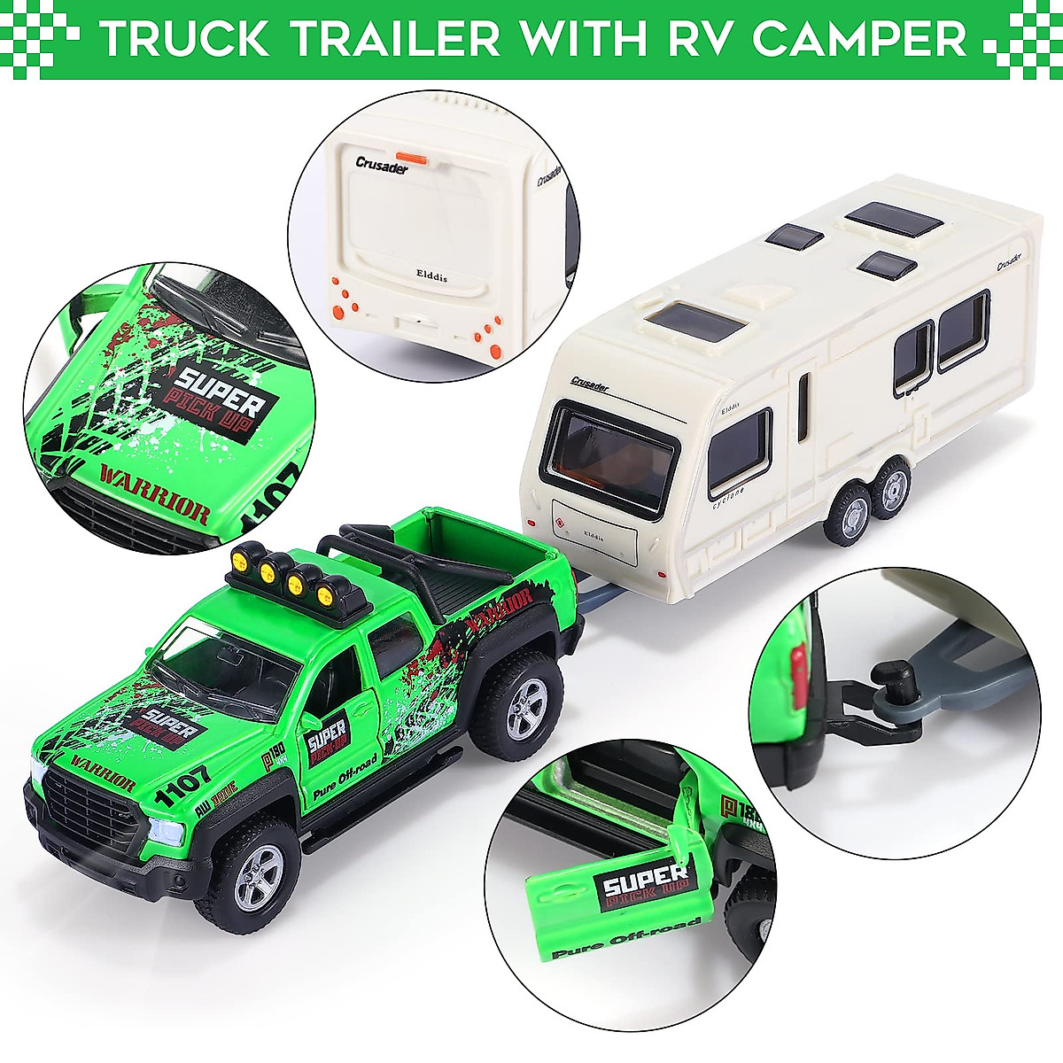 G.C 4 Pack Pickup Truck Trailer Toys for Boys&Girls Kids Toy Camper Boat Diecast Truck Vehicle 1:36 Scale Pull Back Metal Car Toys Playset with Light Sound