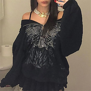 Mtsebmves Women's Zip Up Hoodie Sweatshirt Long Sleeve Oversized Casual 90S Y2K E-Girl Streetwear Grunge Jacket with Pocket (Black-1A, M)