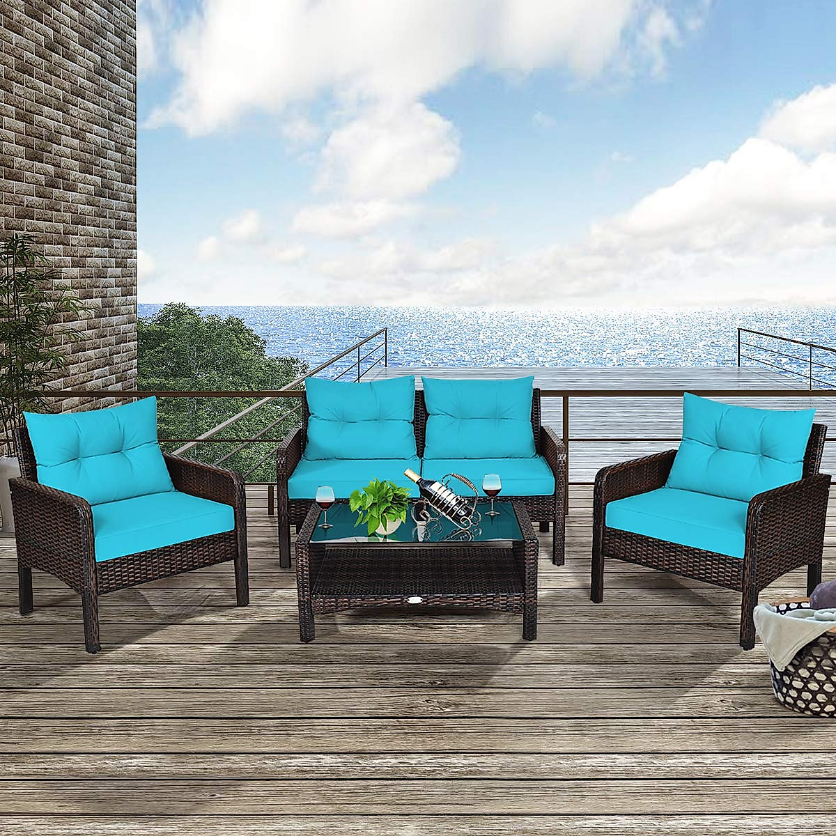 Tangkula 4 Piece Patio Furniture Set, Outdoor Wicker Conversation Set with Glass Top Coffee Table, All Weather Proof and Thick Cushions, Suitable for Porch, Garden, Poolside and Lawn (Turquoise)