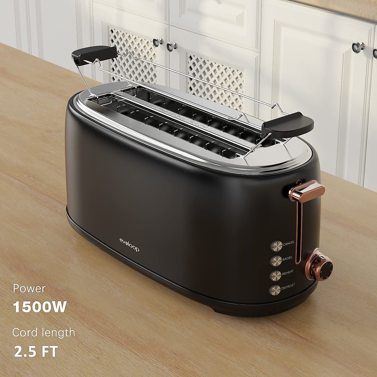 Evoloop Toaster 4 Slice, Stainless Steel Bread Toasters, 6 Bread Shade Settings, Reheat, Bagel, Defrost, Cancel Function, 1.5" Extra Wide Slots,Removable Crumb Tray（Black）