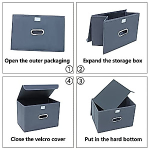 SEVENDOME Linen Fabric Foldable Collapsible Storage Cube Bin Organizer Basket with Lid, Leather Handles, Removable Divider for Home, Closet (Grey, 3Pcs)