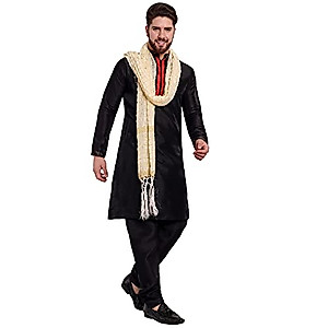 SKAVIJ Men's Art Silk Kurta Pajama and Scarf Ethnic Wedding Suit Party Dress Set (Small, Black)