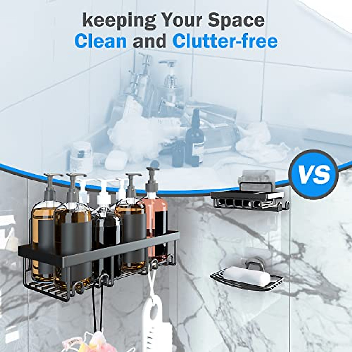 Villsure Shower Caddy, Shower Shelf for Inside with 10 Hooks Adhesive Bathroom Organizer Hanging, No Drilling Stainless Steel Shower Racks Shelves for Kitchen Dorm Apartment, 5 Pack