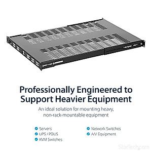 StarTech.com 1U 4-Post Adjustable Vented Server Rack Mount Shelf - 330lbs(150 kg) - 19.5 to 38in Adjustable Mounting Depth Universal Tray 19" AV/ Network Equipment Rack - 27.5in Deep (ADJSHELFHDV)