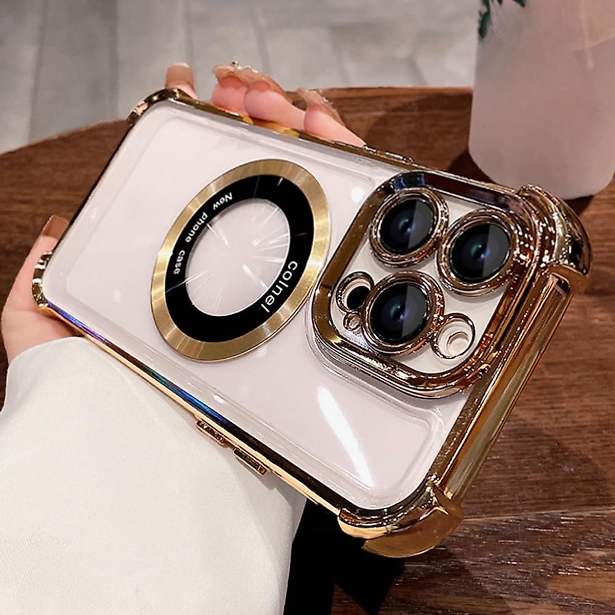 LOOBIVAL Magnetic for iPhone 13 Pro Max Case Compatible with MagSafe, [Military Grade Protection] Logo View Slim Transparent Clear Electroplate Bumper Cover Case for iPhone 13 Pro Max 6.7” (gold)