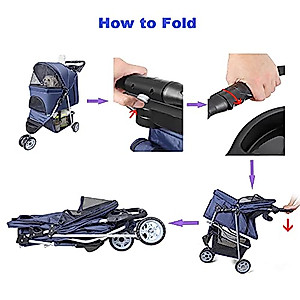 Pet Strollers for Small Medium Dogs & Cats, 3-Wheel Dog Stroller Folding Flexible Easy to Carry for Jogger Jogging Walking Travel with Sun Shade Cup Holder Mesh Window (Dark Blue)