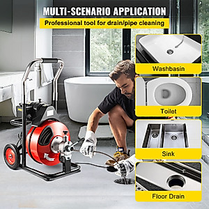 VEVOR Drain Cleaner Machine 100ftx1/2in Electric Drain Auger 550W Sewer Snake Drill Machine, fit 1 Inch (25mm) to 4 Inch(100mm) Pipes, w/Wheels, Cutters, Foot Switch