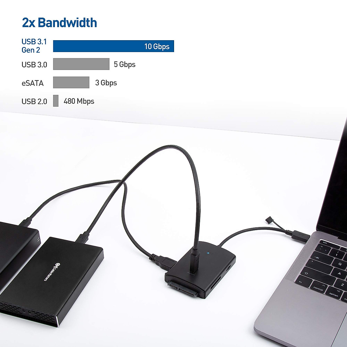 Cable Matters 10Gbps USB C Multiport Adapter (USB C Hub) with USB-A, USB-C, MicroSD and UHS-II SD Card Reader, 2.5 3.5 Inch SATA Hard Drive Reader -Thunderbolt 4 / USB4 / Thunderbolt 3 Port Compatible