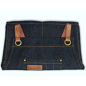 DingSay Trendy Professional Black Denim Apron with Pockets for Chef Cooking Kitchen Grill BBQ Hairstylist Painting, Mens Womens Apron with Leather Cross Back Straps