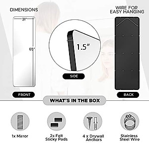 UPLAND OAKS Large Full Length Body Mirror for Floor & Wall in Bedroom - Metal Frame - Big & Tall Long Mirror for Leaning - Full Length Wall Mirror Size 65" x 21" (Black, Slim Lip)