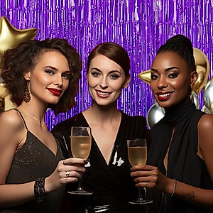 DECOCKRAT 3 Pack Foil Fringe Backdrop - Purple Shiny Tinsel Curtains for Party Decoration/Photo Booth Props - 3.3x8.2 FT Metallic Foil Backdrop for Birthday, Wedding, Graduation, Christmas.