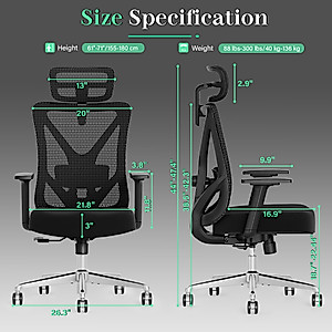 T23 Ergonomic Office Chair,Mesh Computer Desk Chairs with Adjustable Lumbar Support,Headrest,3-D Armrests,Swivel Wheels,Rolling Home Office Desk Chairs for Long Hours (Black)