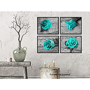 Light Blue Turquoise Floral Flowers Rose Wall Art Set, Home Decor - Poster, Print - Mothers Day, Anniversary Gift for Women - Shabby Chic, Rustic, Farmhouse Room Decorations for Living Room, Bedroom