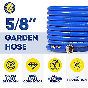 TOOLCY Garden Hose 50 ft, Durable 5/8 inch Garden Hose, Water Hose with 3/4 inch Solid Brass Male & Female Fitting, All-weather, Burst 300 PSI, Blue