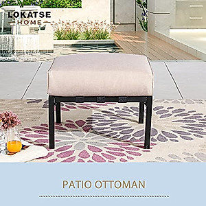 LOKATSE HOME 1 Piece Patio Ottoman Metal Outdoor Foot Rest Cushioned Footstool Modern Bistro Furniture for Yard Deck Poolside, Beige