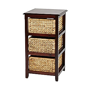 OSP Home Furnishings Seabrook Storage Tower with Solid Wood Frame and Natural Baskets, 3-Drawer, Espresso Finish