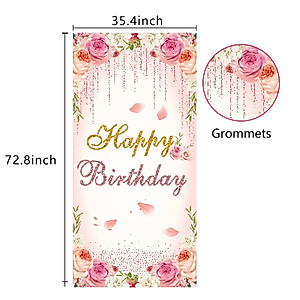 Rose Gold Birthday Door Banner Decorations, Pink Flower Happy Birthday Door Cover Sign Party Supplies for Women Girls, 16th 21st 30th 40th 50th 60th Birthday Photo Booth Background Decor