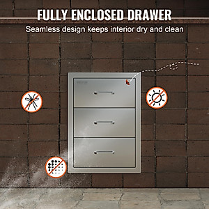 VEVOR Outdoor Kitchen Drawers 16" W x 21.5" H x 18" D, Flush Mount Triple Access BBQ Drawers with Stainless Steel Handle, BBQ Island for Outdoor Kitchens or BBQ Island Patio Grill Station