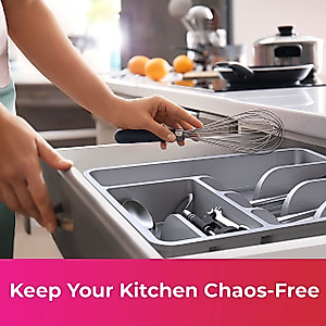 Mueller Flatware Kitchen Drawer Organizer, 10" x 13" Silverware Organizer, 6 Compartments, Heavy-Duty, Cutlery Tray for Utensils or Stuff, Dining Room, Living Room, Compact, Dark Grey