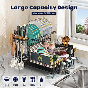 slhsy Dish Drying Rack for Kitchen Counter,Detachable 2 Tier Stainless Steel Dish Strainers with Utensil/Cup/Cutting-Board Holder and Knife Block Rust-Proof Dish Drainer，Black