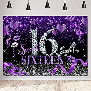 Sensfun Sweet 16 Silver Purple Bokeh Glitter Backdrop 7x5ft for Girls Happy 16th Birthday Party Decorations Banner Diamonds High Heels Sweet Sixteen Photography Photo Booth Props Supplies Background