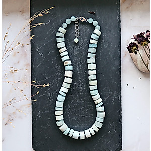 MGR MY GEMS ROCK! Beaded Button-Shape Aquamarine Statement Necklace. Non-Treated Aquamarine Stone Necklace. Collar Necklace, 18-19.50” Long.