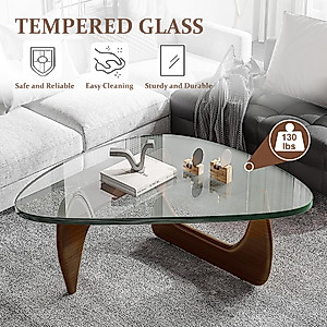 Mid-Century Modern Coffee Table - Triangle Glass Top Natural Wood Base Triangle Coffee Table for Living Room Patio Office Abstract End Tables (Walnut/Brown, Large 45 * 32.3 * 15.7)