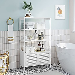 SONGMICS Bathroom Cabinet, Bathroom Storage Cabinet with 3 Shelves and Double Doors, Free-Standing, Bamboo, 11.8 x 27.6 x 47.2 Inches, White UBCB010W01