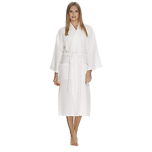 Waffle Robe for Women by BOCA TERRY, Waffle Knit Robe, Long Cotton Kimono Hotel Bathrobe, White Small/Medium