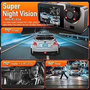 3 Channel Dash Cam Front and Rear Inside, 64GB Free SD Card, 1080P Dash Camera for Car with 4 IR Lamps, Three Way Car Cam Night Vision, 2.5 Inch LCD, Parking Monitor, G-Sensor, USB C, Loop Record