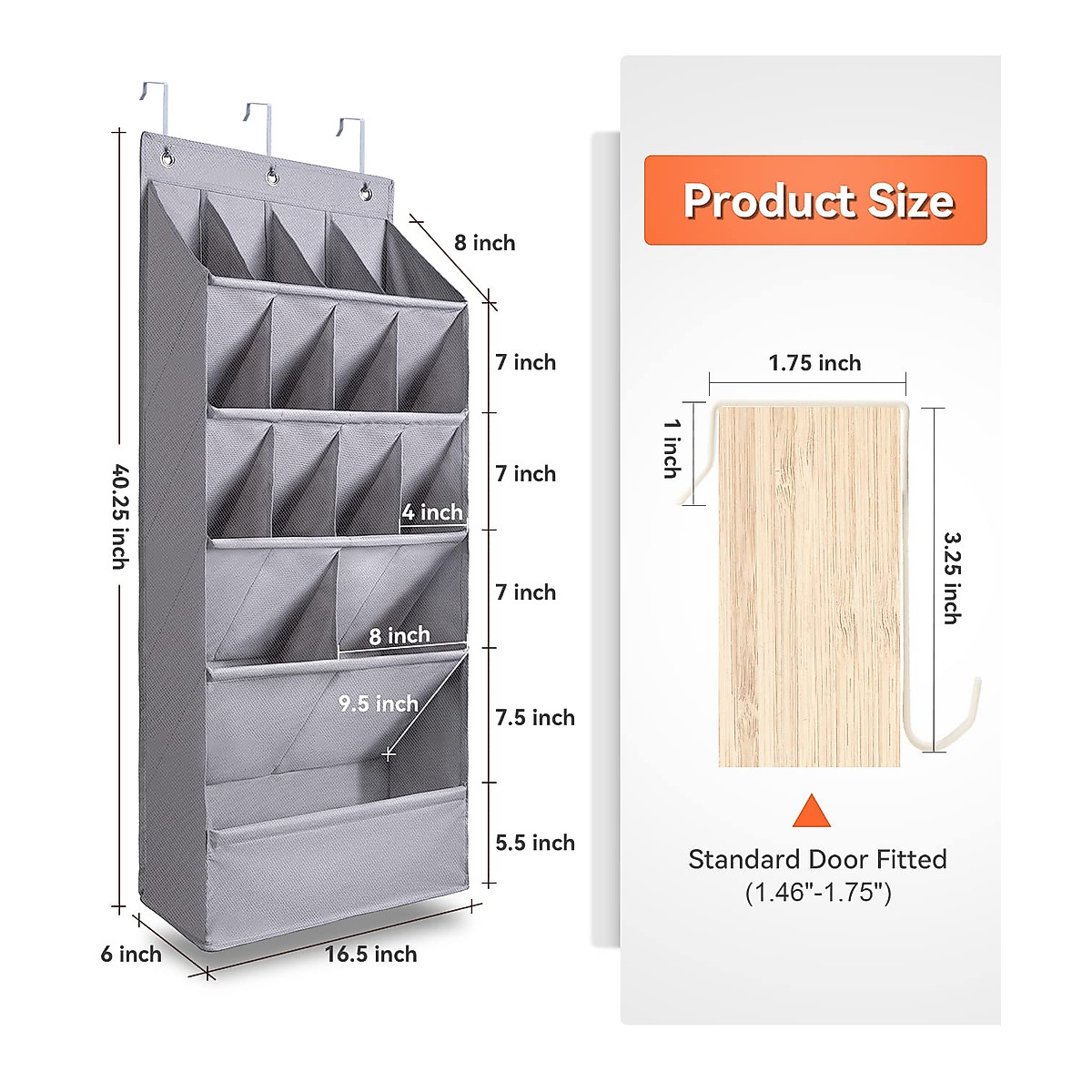 FENTEC 1 Pack Over-the-Door-Shoe-Organizers, Hanging Shoe Organizers with Large Pocket Shoe Holder Hanging Shoe Rack for Closet Shoe Organizer for Wall, Over Door Organizer with 15 Pockets Grey