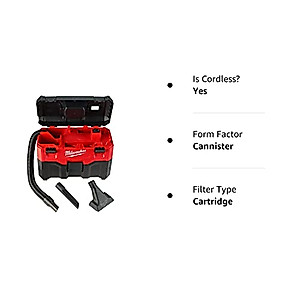 Milwaukee M18 2 Gal. 18-Volt Lithium-ion Cordless Wet/Dry Vacuum (Tool-Only), 2.8 Amp Motor, Lightweight, Tool-Box Style for Effortless Transport and Storage
