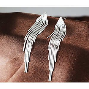 KristLand - S925 Silver/Alloy Hook Sleek Chain Tassel Drop Earrings Long Leather Fringe Dangle Simple Dainty Earrings Silver A Tassel