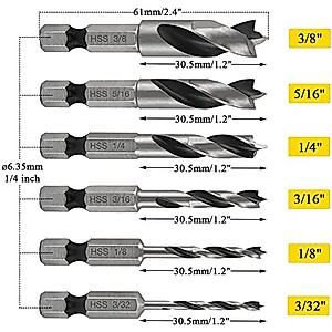 Bestgle 6 Pcs Brad Point Drill Bits(3/8", 5/16", 1/4", 3/16", 1/8", 3/32"), 1/4 Inch Hex Shank HSS Spiral Twist Wood Drill Bit Set for Soft, Hard, Veneered, Laminated Wood MDF Acrylic Woodworking Tool