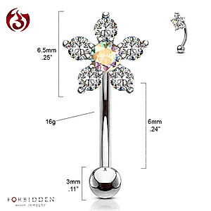 Forbidden Body Jewelry 16g 6mm Curved Barbell for Daith, Eyebrow, Rook & Belly Button w/CZ Floral Top, Clear/Aurora Borealis