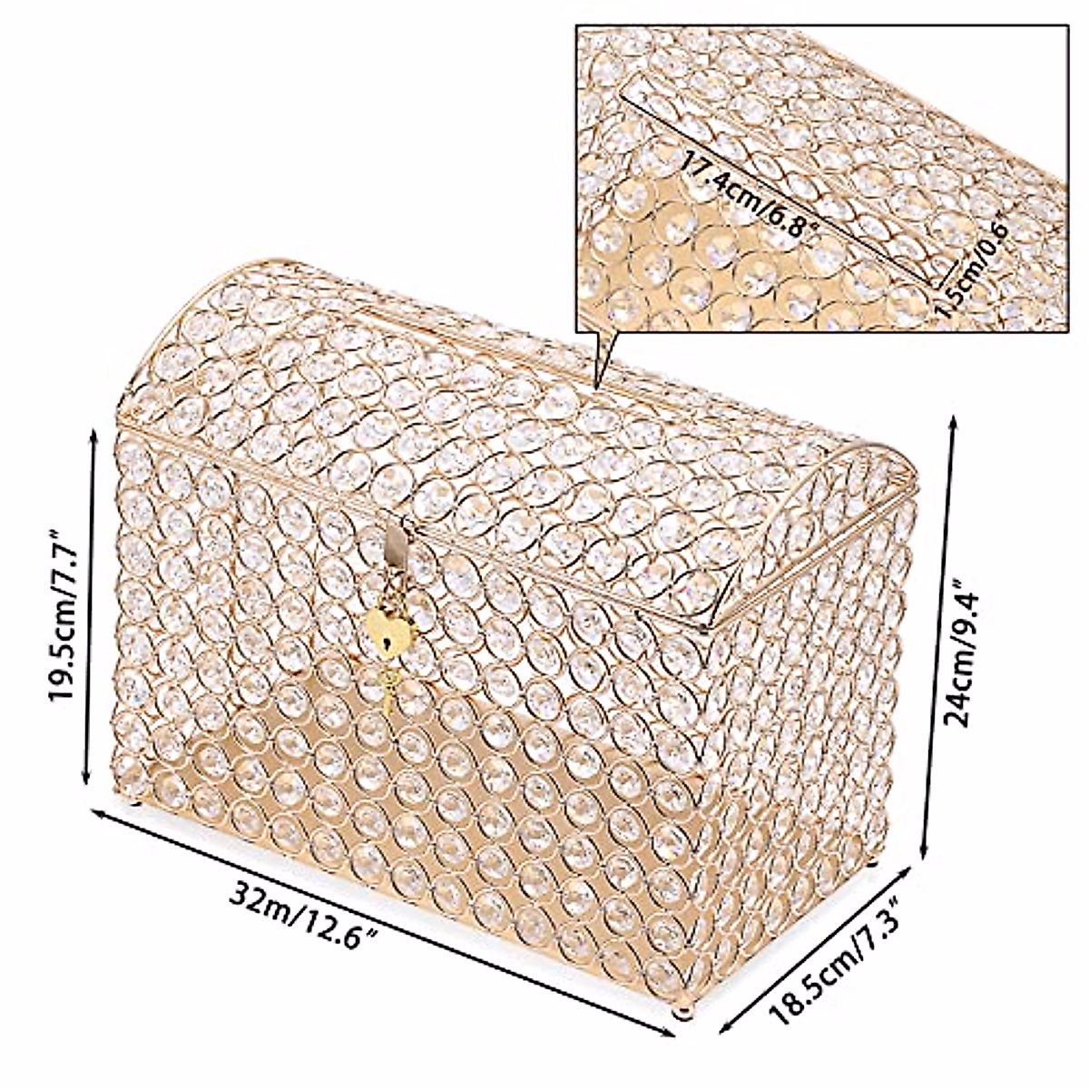 ELLDOO Crystal Wedding Card Box with Heart Lock, Money Card Box Treasure Chest Style Gold Gift for Wedding Receptions, Centerpiece Decor, Anniversary, Keepsake, Gift Display Box