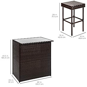 Best Choice Products 3-Piece All-Weather Wicker Bar Table Set for Indoor Outdoor, Kitchen, Patio, Backyard w/ 2 Stools, Glass Tabletop, Storage Shelves - Brown