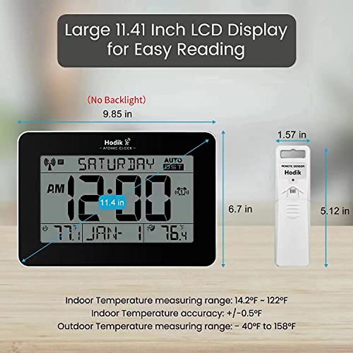 HODIK Atomic Clock with Indoor Outdoor Temperature Wireless, Large 11.4 Inch LCD Display for Easy Reading, Self-Setting Battery Powered Table Clock or Wall Clock with High Precision Sensor