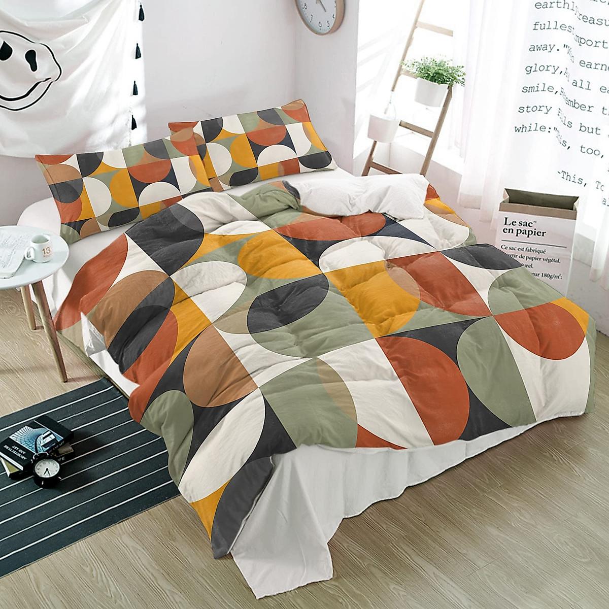 Duvet Cover Set 3 Pieces Queen Bedding Sets Mid Century Abstract Color Block Comforter Cover with Pillowcases Microfiber Bedroom Quilt Covers-Zipper Closure Nordic Style Circle Modern Art