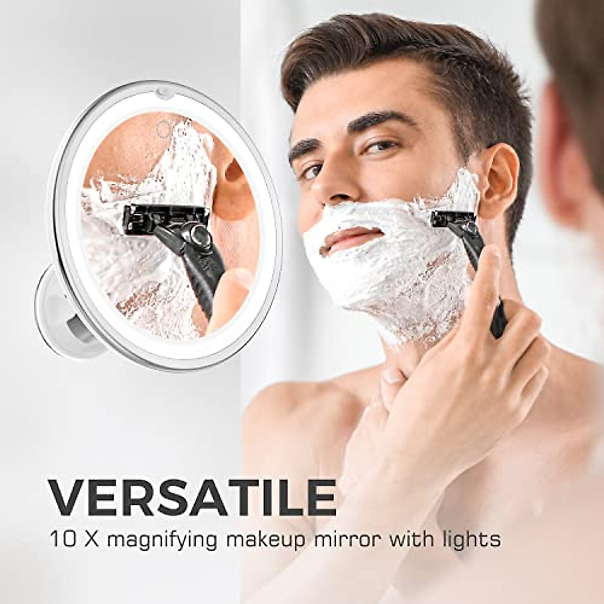 GOZVRPU 10x Magnifying Lighted Makeup Mirror with Touch Control, Powerful Locking Suction Cup, and 360 Degree Rotating Arm, Magnifying Mirror with Lights for Home, Bathroom Vanity and Travel(White)