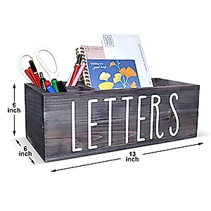 Wooden Mail Organizer with Pen Holder - 3 Compartment Office Desk Organizer Box, Mail Holder for Countertop, Desktop Letter Holder Box, Rustic Home Office Decor Mail Storage Basket, 13 in Grey