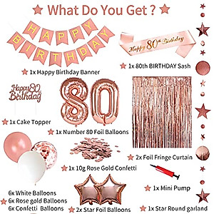 80th Birthday Decorations for Women, Happy Birthday Banner, Number 80 Foil Balloon Happy Birthday Cake Topper Rose Gold Curtain Happy 80th Birthday Sash Anniversary Decorations Birthday Backdrop