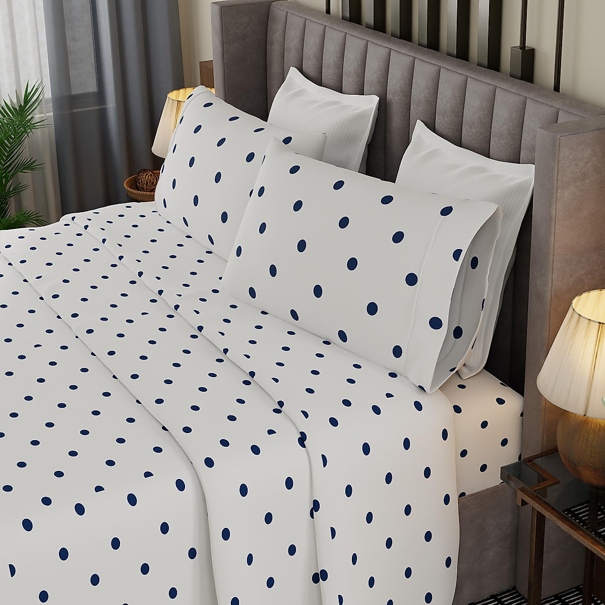 SUPREME ELEGANCE Hotel Percale Cotton Rich Sheets, Polka Dot Navy Full Size Bed Sheet, Wrinkle-Resistant, Brushed for Extra Softness, Luxury Bed Sheets Full, Elasticized Deep Pocket Bedding Set