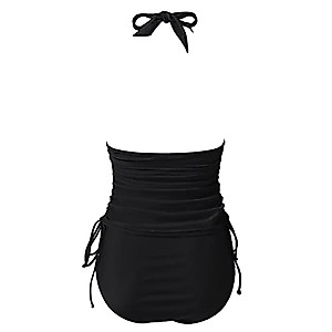 SUUKSESS Women Halter Tankini Bathing Suits Sexy Slimming Tummy Control Swimsuits 2 Pieces (Black, XL)
