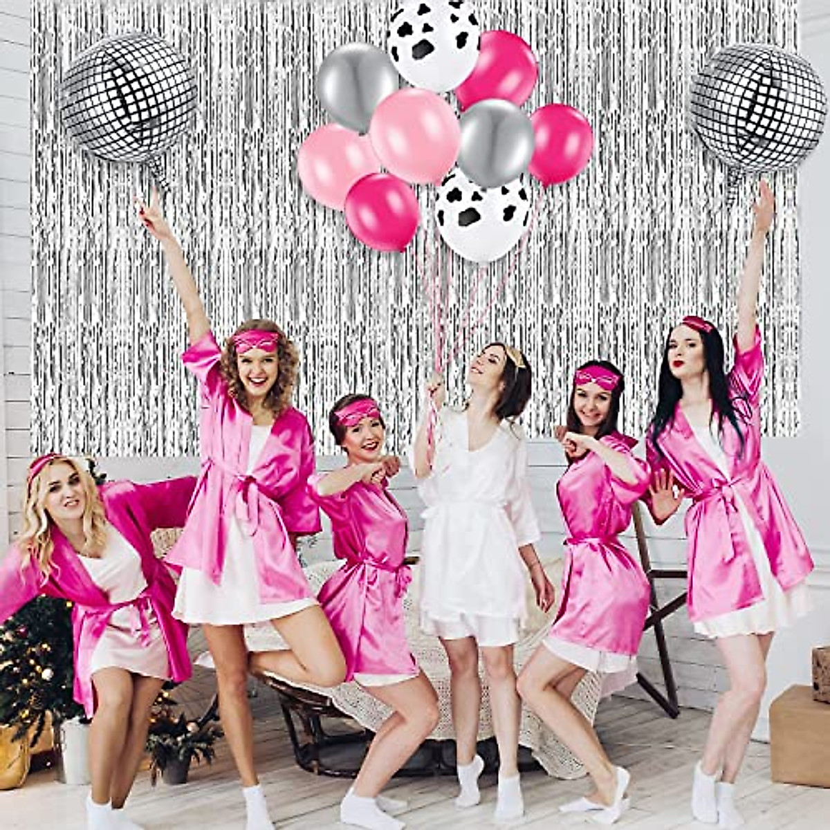 HyDren 95 Pcs Western Disco Party Decorations for Women, Hot Pink Rose Red Silver Cowgirl Balloon Arch 4D Ball Fringe Curtains Theme Last Rodeo Bachelorette Supplies